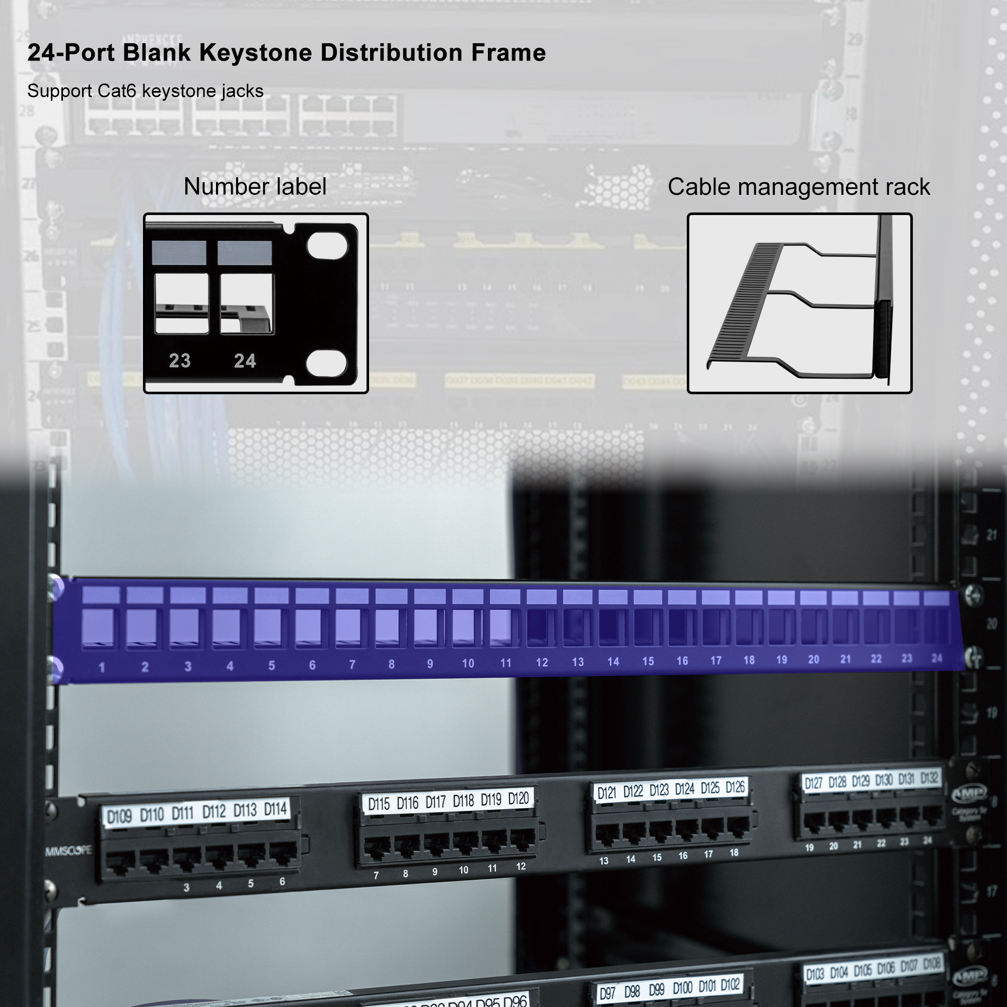 24-Port Blank Keystone Distribution Frame, 1U 19" Metal Rack Mount ...