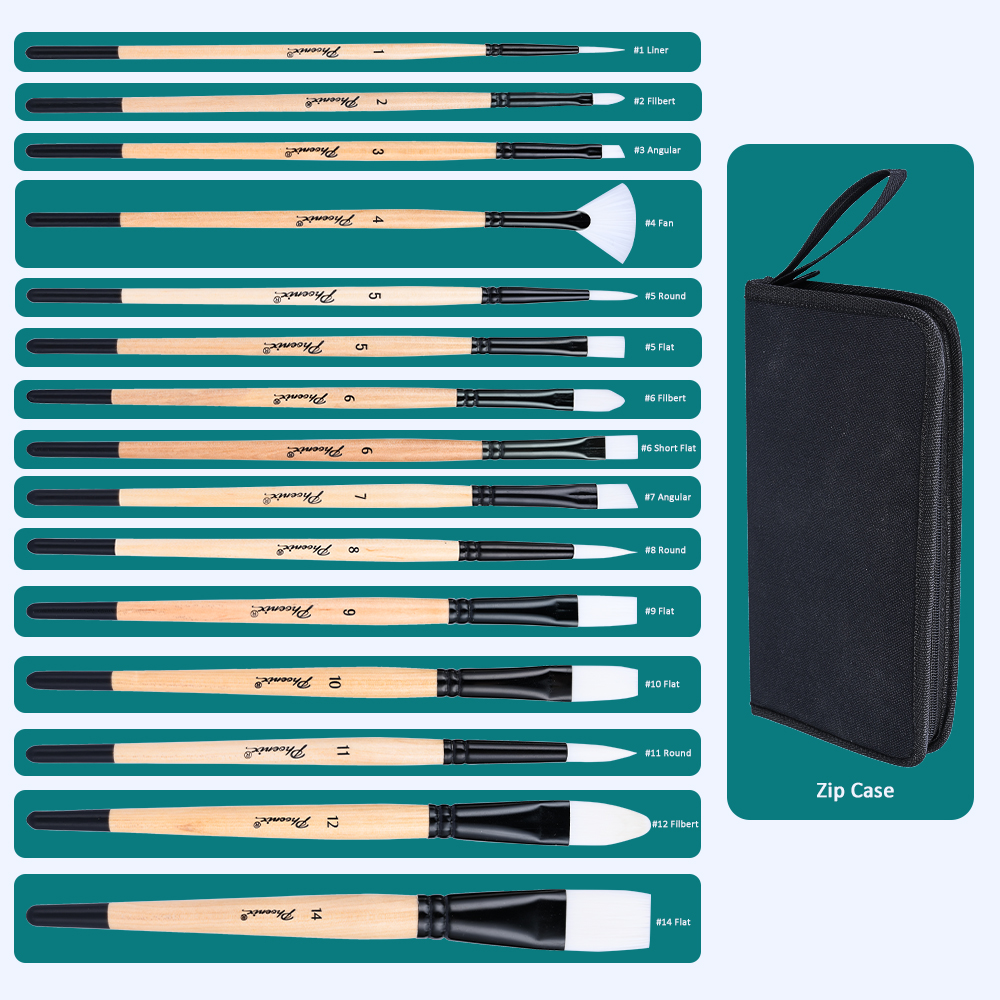 Acrylic Brush Set with Tough Nylon Hair, 15 Pieces/Pack, Assorted Sizes