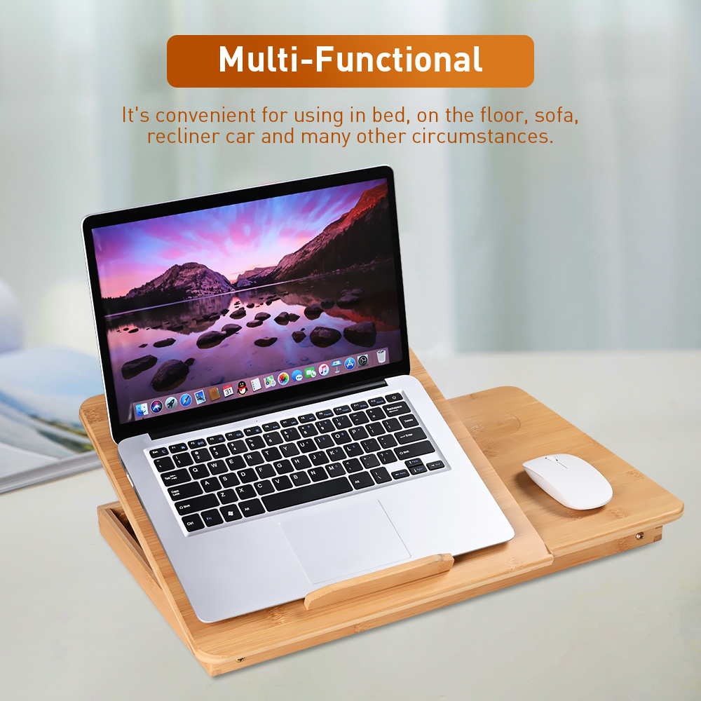 Bamboo Laptop Table for Bed with Cooling Fan & Foldable Legs