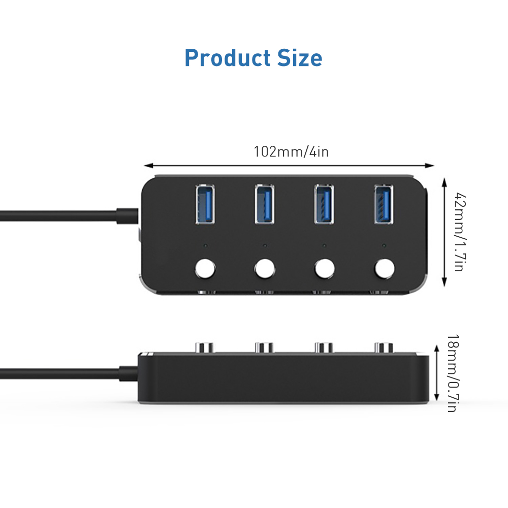 4-Port USB 3.0 Hub with Independent On/Off Controls and Long Cable