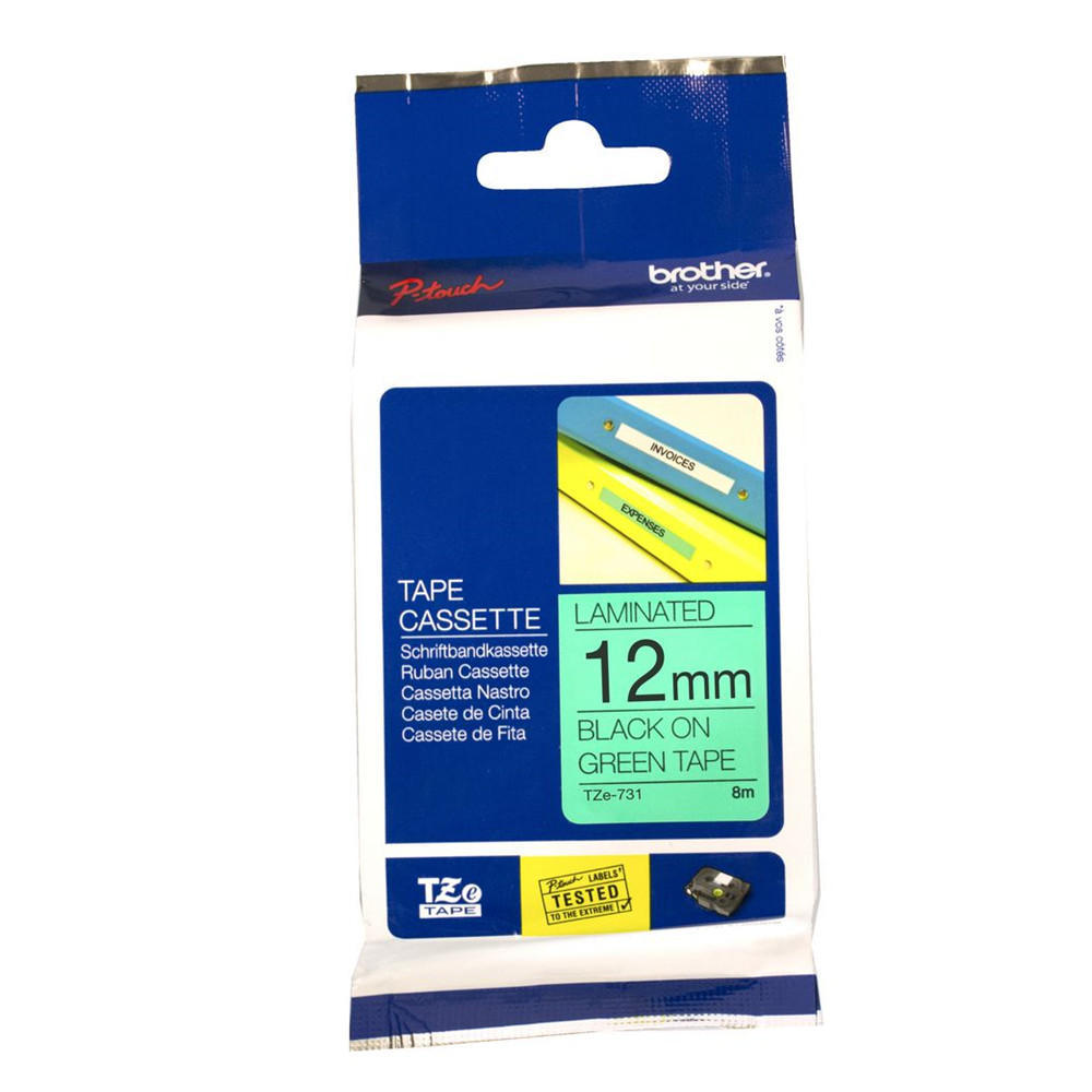 Brother TZe-731 Original Label Tape, 12mm (0.47''), Black on Green