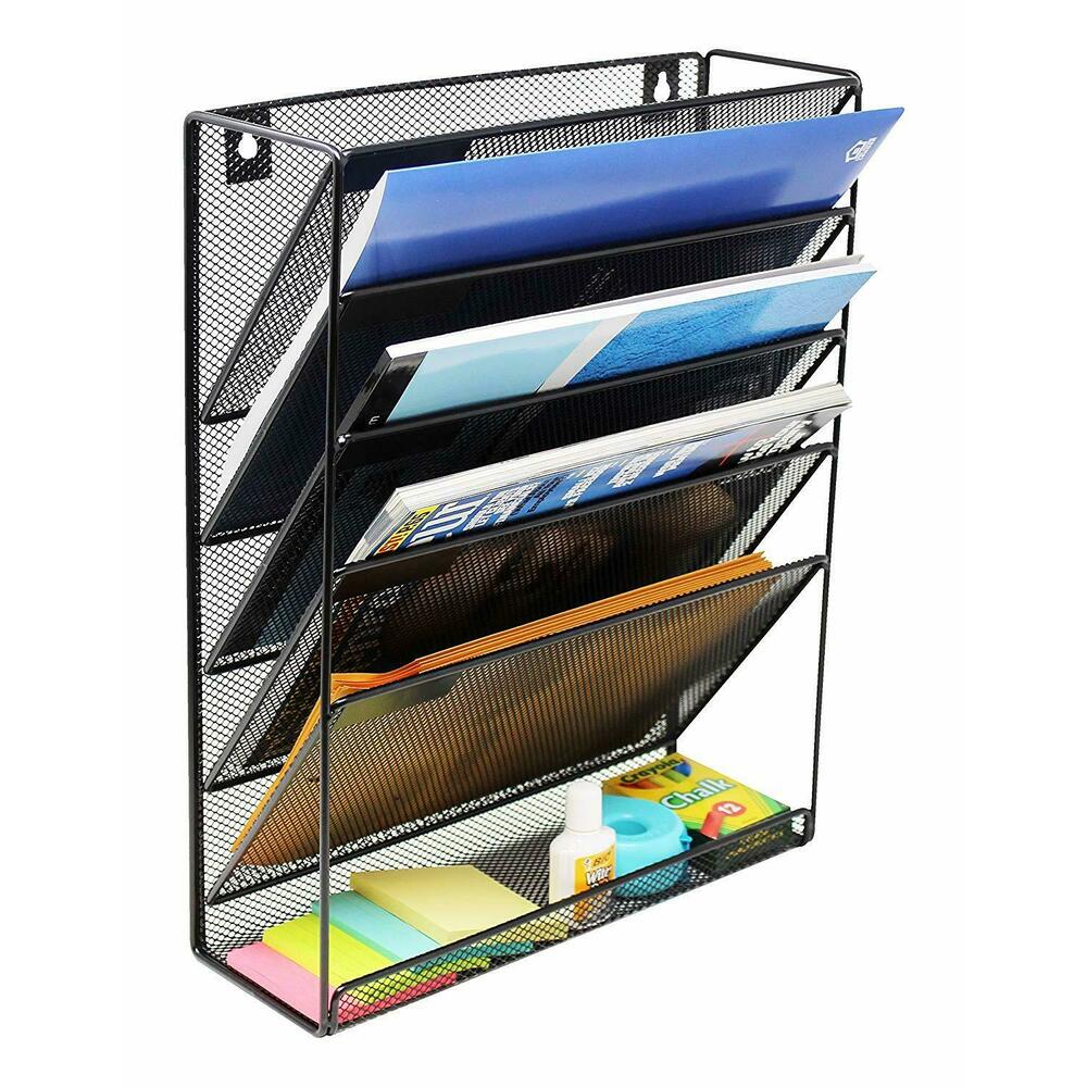 5 Tray Compartments Mesh Wall Mounted File Holder, Black - Moustache®