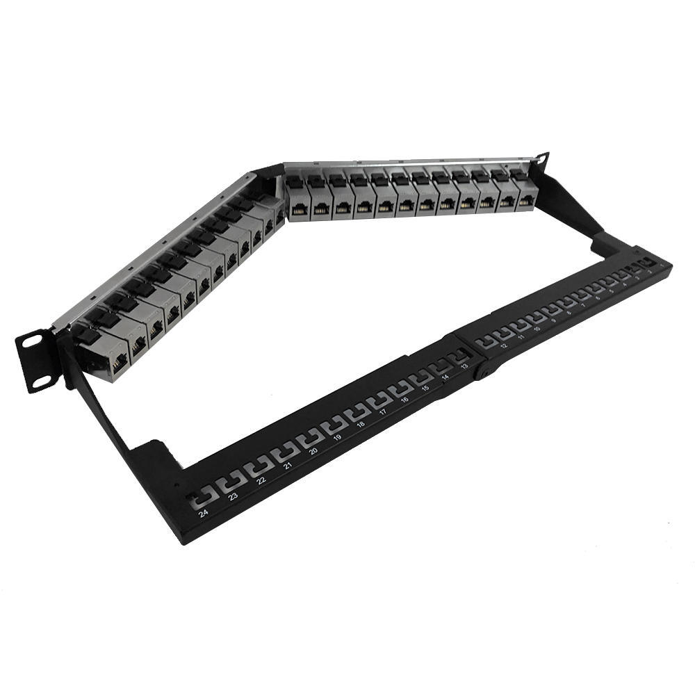 24 Port Angled CAT6 Shielded Patch Panel, 19" Rackmount 1U Pass-Through