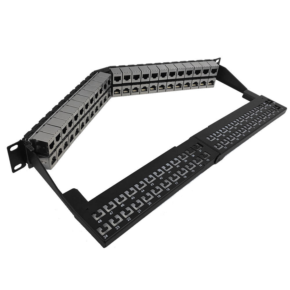48 Port Angled CAT6 Shielded Patch Panel, 19" Rackmount 2U Pass-Through