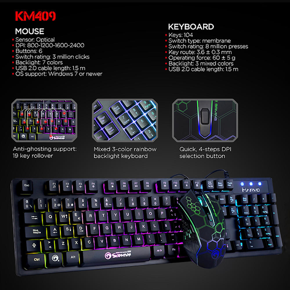 Marvo KM409 Wired Membrane Gaming Keyboard & Mouse Combo