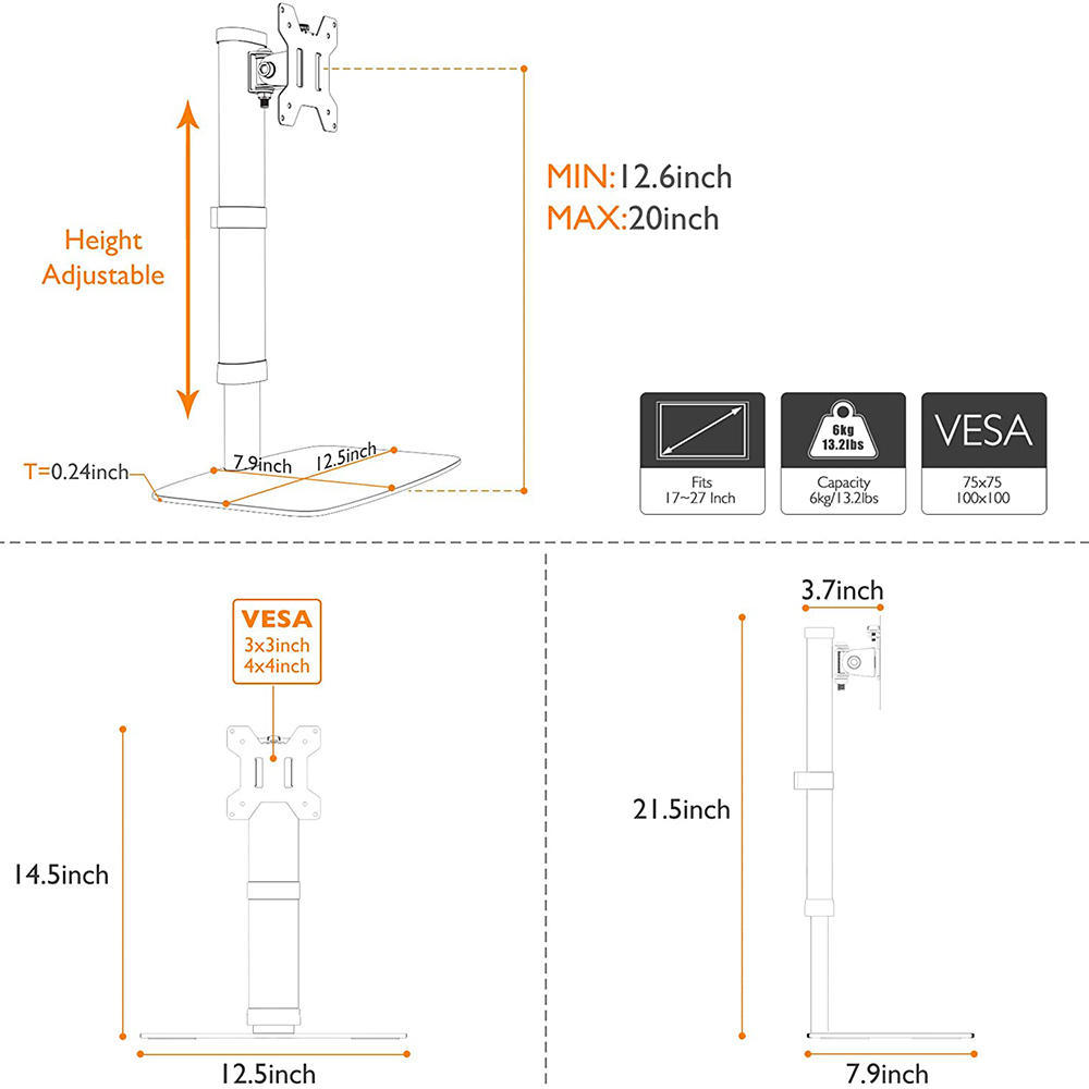 Adjustable Vertical Monitor Stand for 17–27 Inch Screens