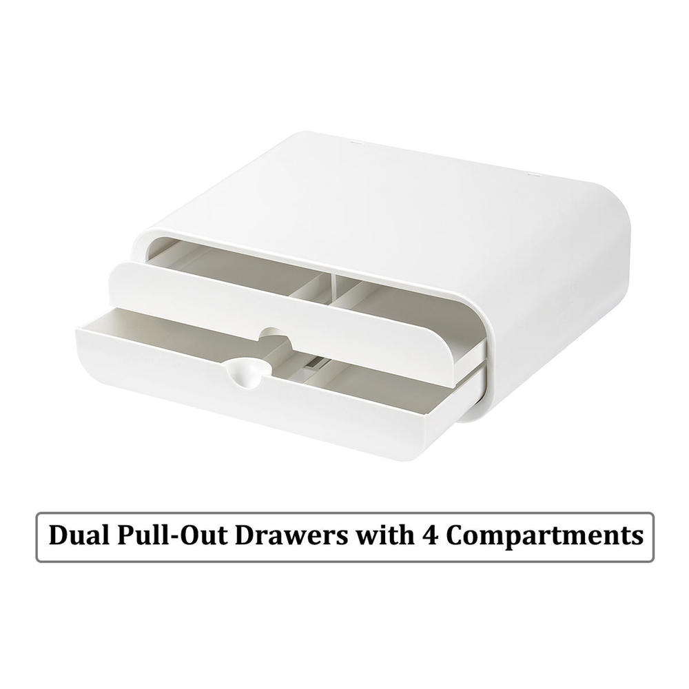 Monitor Stand with Dual Pull-Out Drawers, 315mm x 220mm x 100mm, White