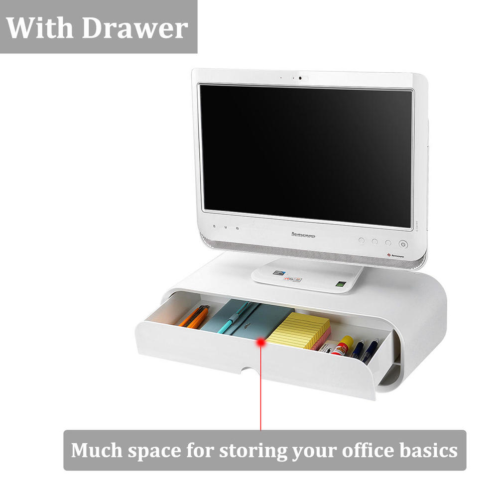 Monitor Riser with a Storage Drawer, 490mm x 220mm x 145mm, Plastic, White