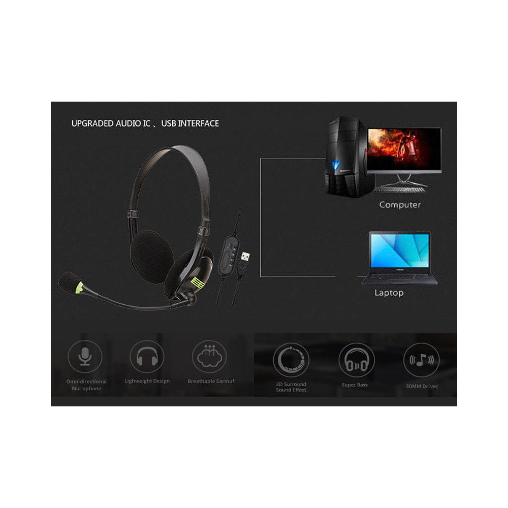 USB2.0 stereo Headset with Mic for home, office and gaming - Black