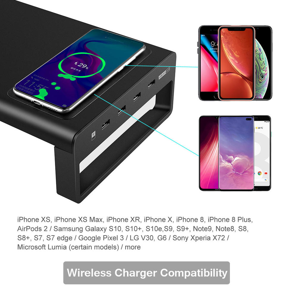 Aluminum Monitor Stand with Wireless Charging Pad & 4 USB 3.0 Ports, Black