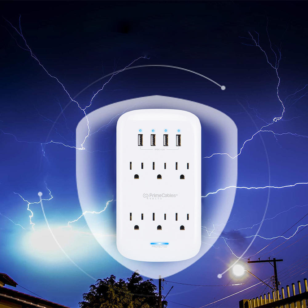 6-Outlet Surge Protector with 4 USB Ports - Wall Mount - PrimeCables