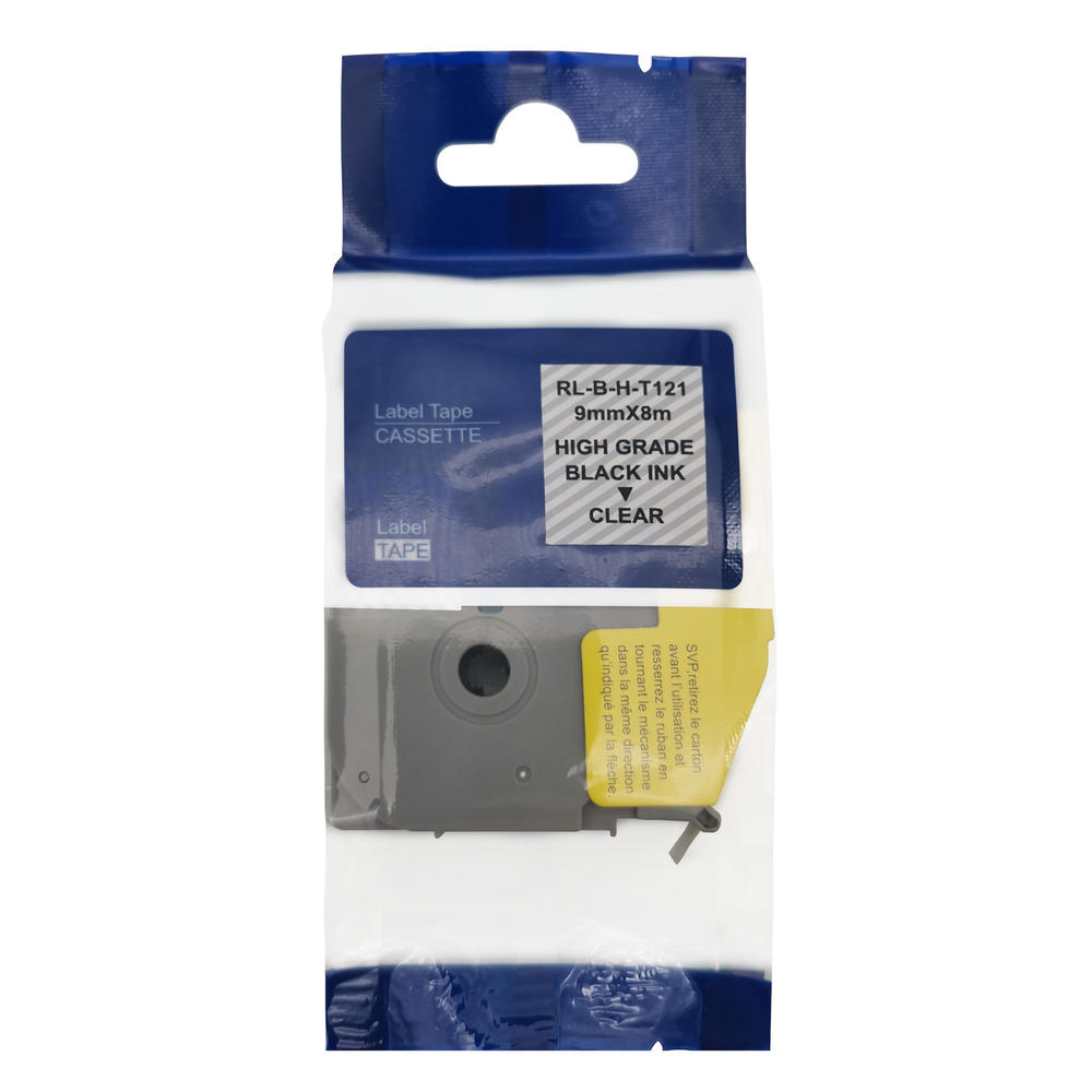 Brother HGe-121 Label Tape, 9mm (0.35"), Black on Clear, Compatible