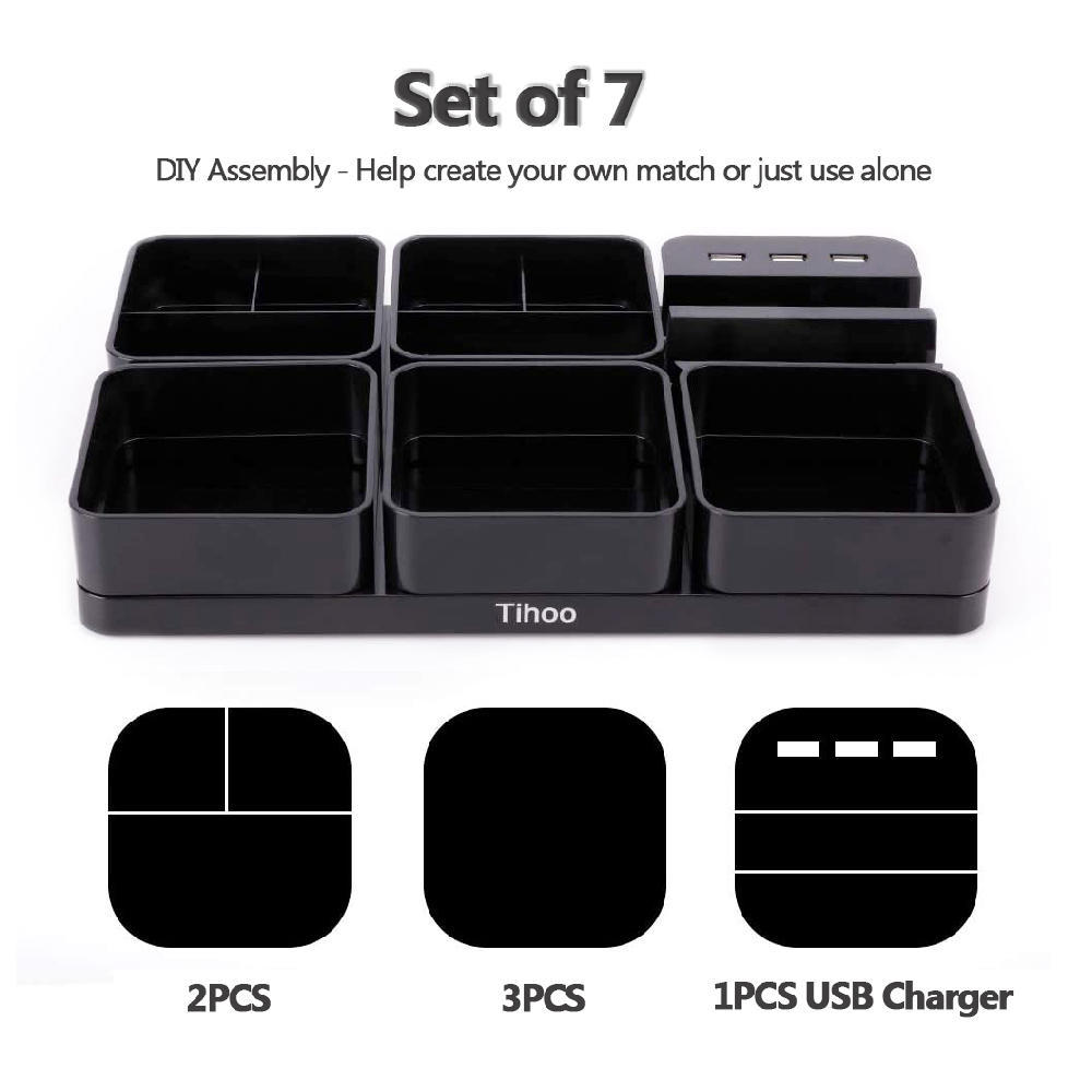 Multifunctional Desktop Organizer with 3 USB Charger Ports, Set of 7, Black