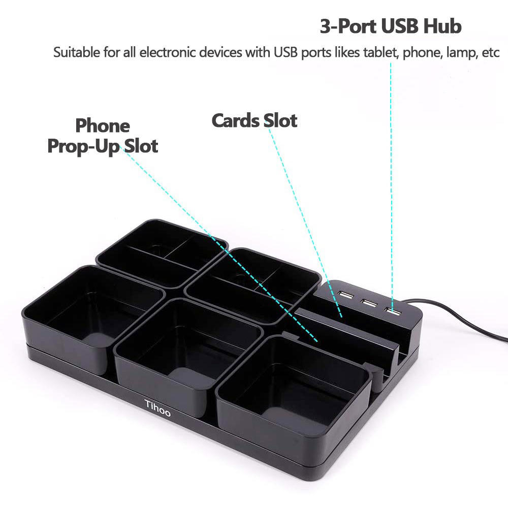 Multifunctional Desktop Organizer with 3 USB Charger Ports, Set of 7, Black