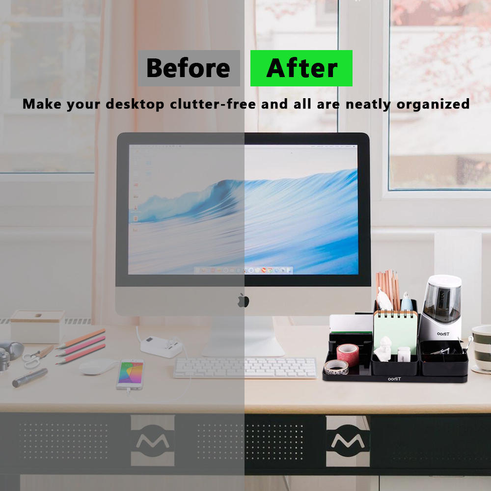 Multifunctional Desktop Organizer with 3 USB Charger Ports, Set of 7, Black