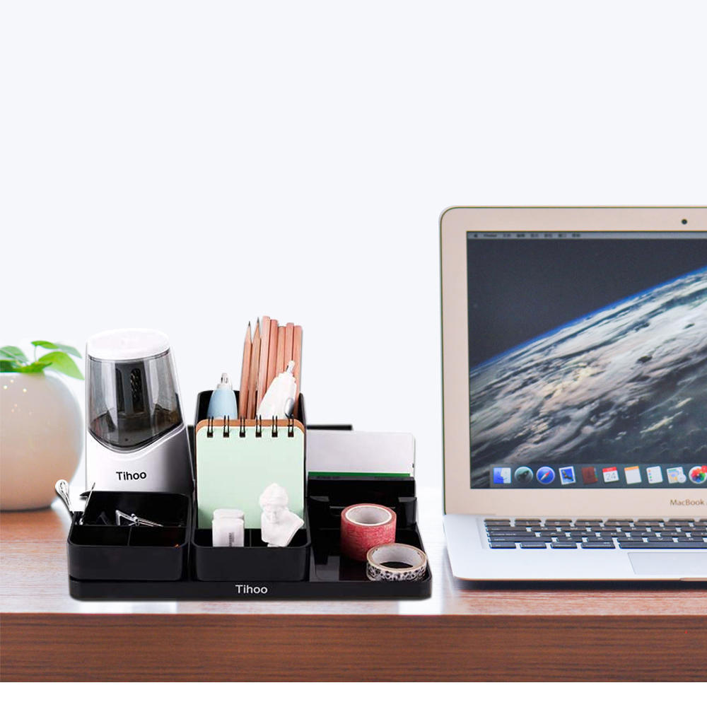 Multifunctional Desktop Organizer with 3 USB Charger Ports, Set of 7, Black