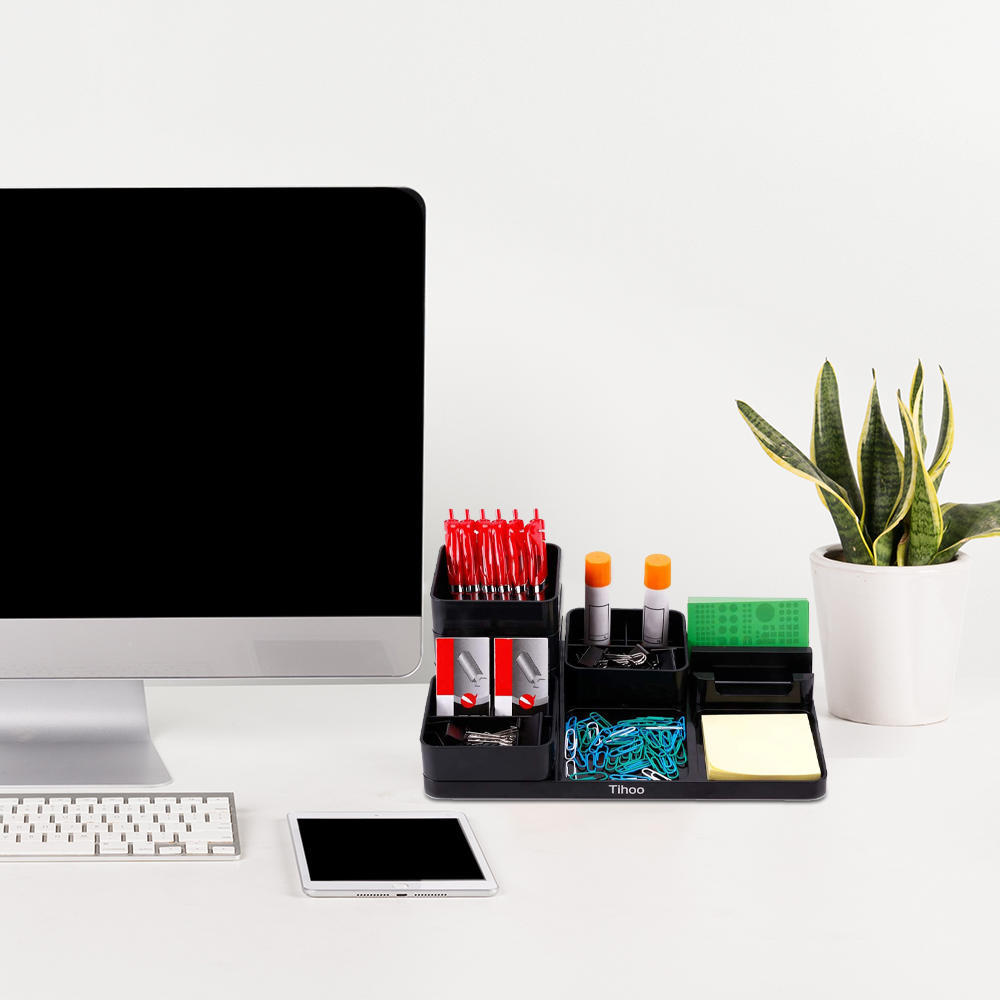 Multifunctional Desktop Organizer with 3 USB Charger Ports, Set of 7, Black