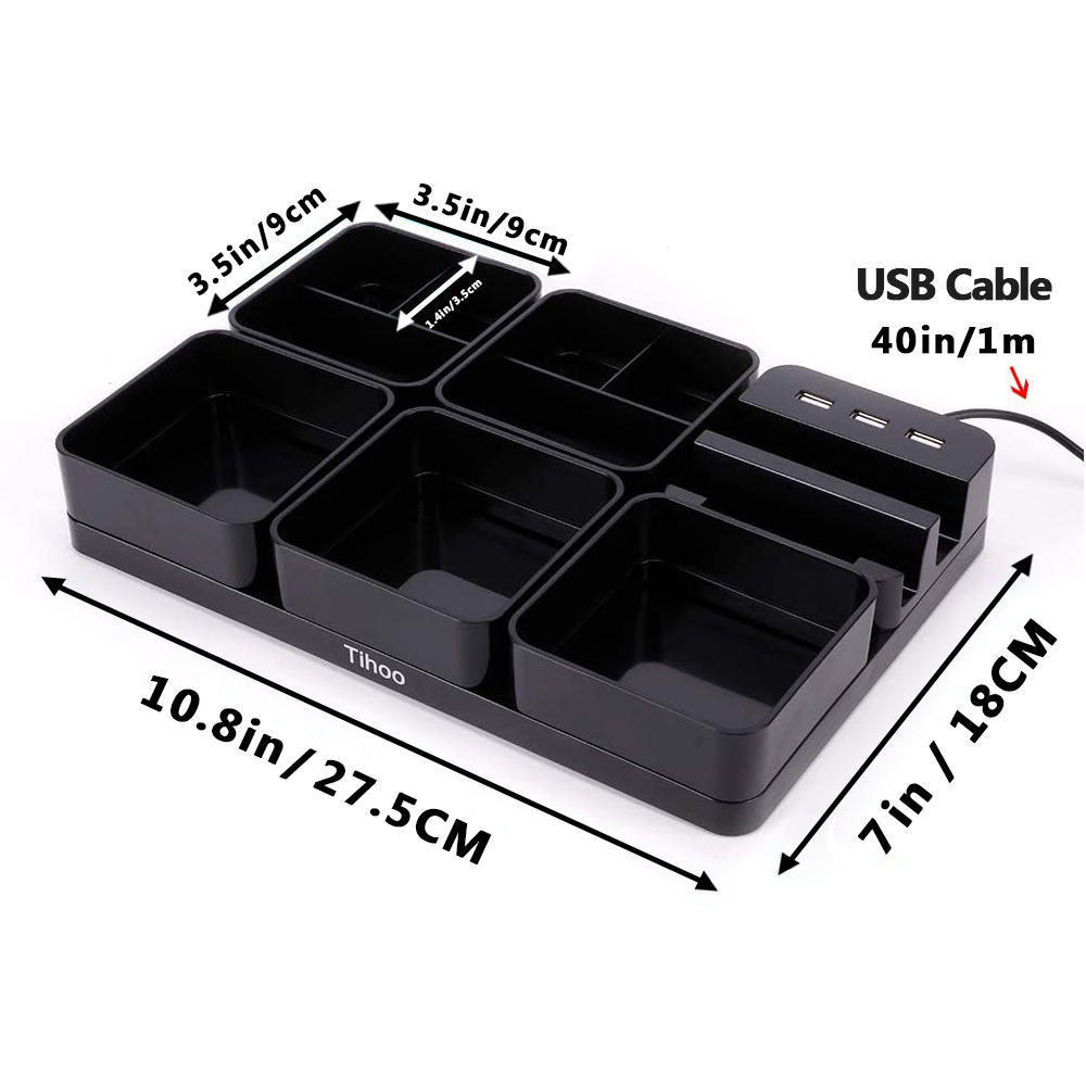 Multifunctional Desktop Organizer with 3 USB Charger Ports, Set of 7, Black