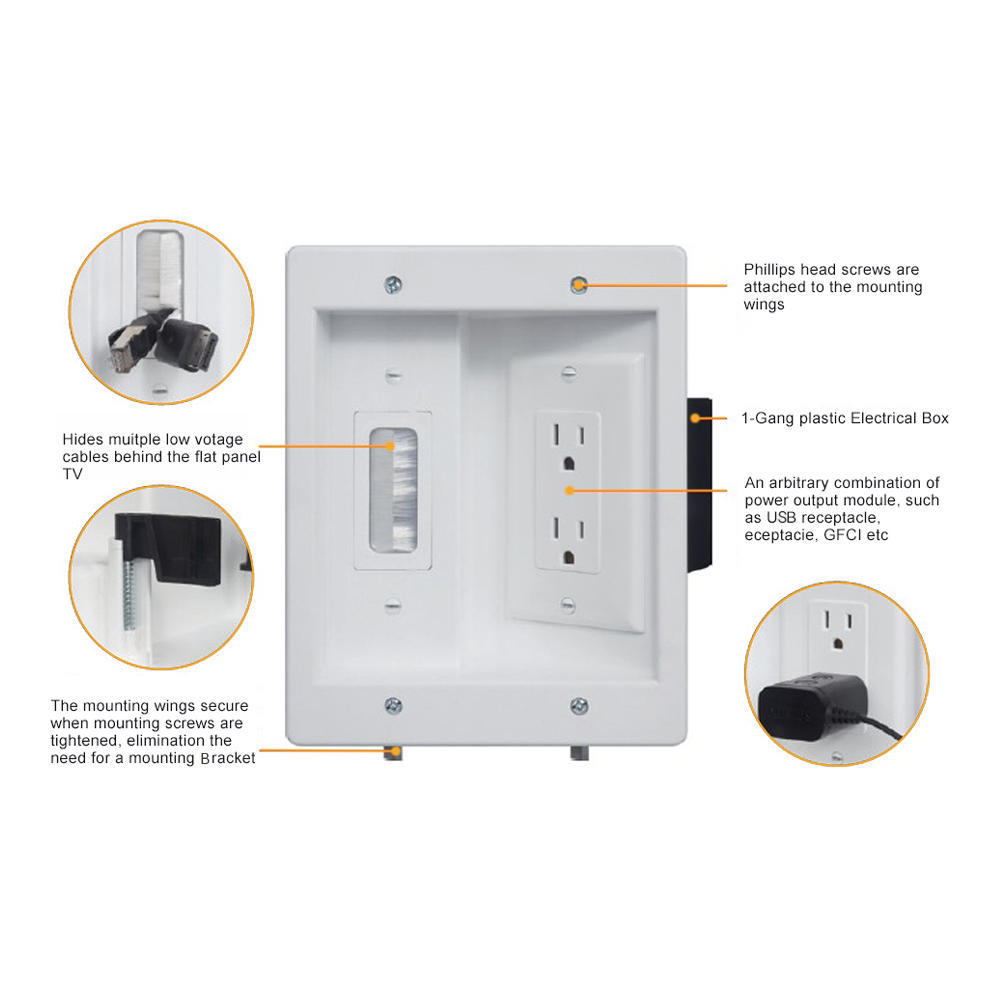 2 Gang In-Wall Recessed Flat Panel TV Connection Kit, White - PrimeCables®