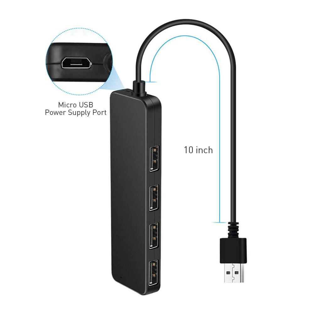 PrimeCables 4-Port USB 2.0 High-Speed Portable Hub - Black