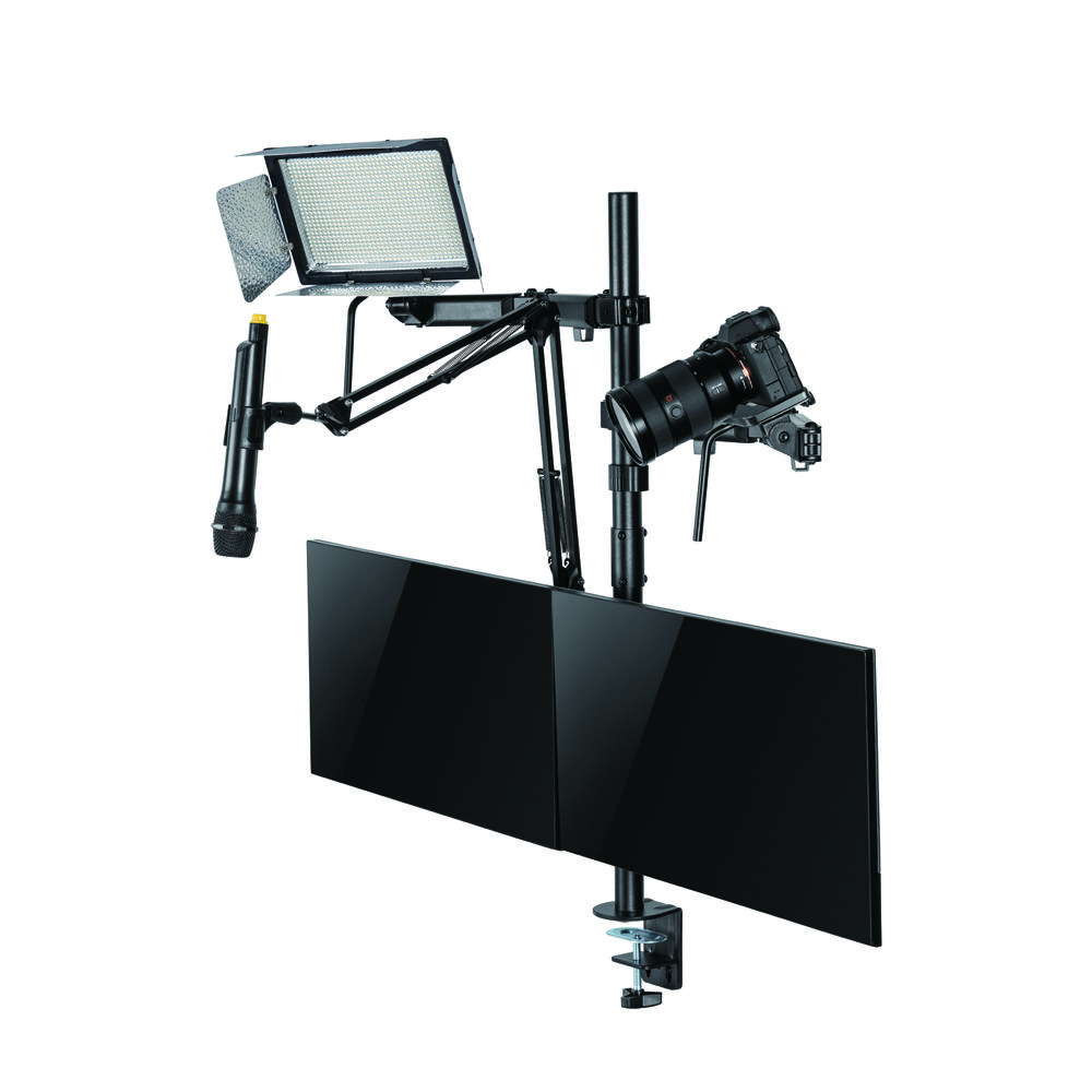 Desk mounted Dual Monitor Mount All-in-one (Microphone Camera Monitor ...