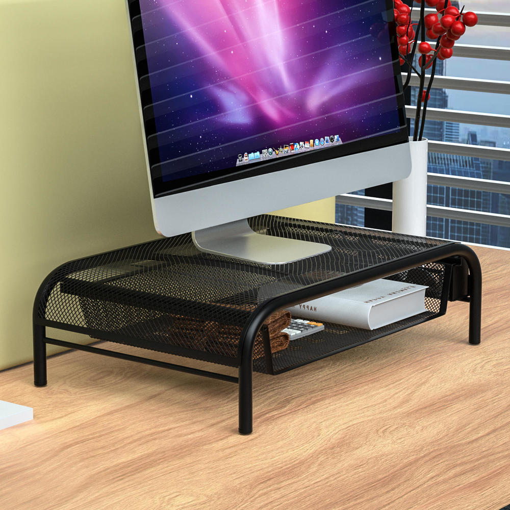 Metal Mesh Monitor Stand & Desk Organizer with Drawer, Black - Moustache®