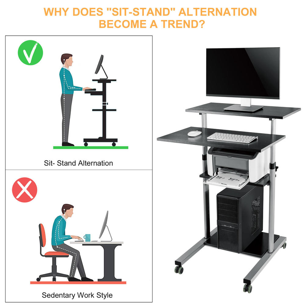 Height Adjustable Multi-Purpose Mobile Standing Desk, Black - PrimeCables®