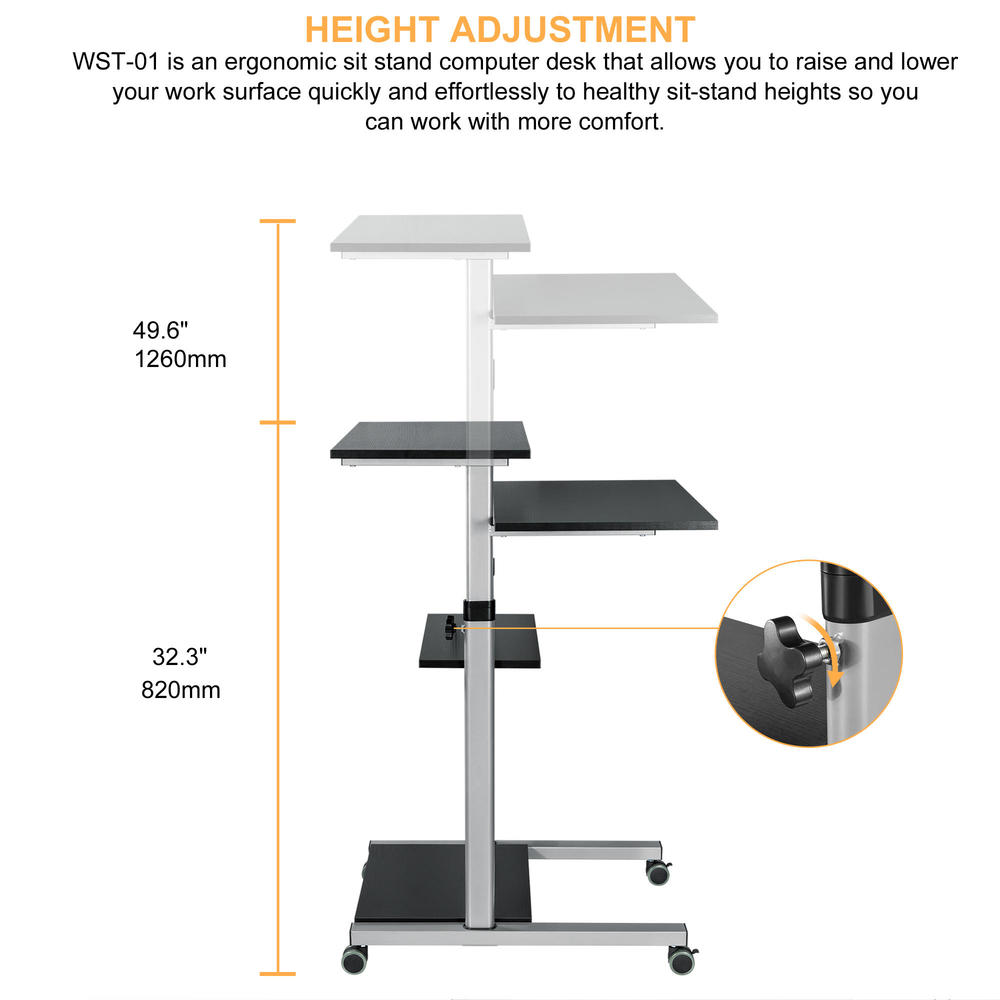 Height Adjustable Multi-Purpose Mobile Standing Desk, Black - PrimeCables®