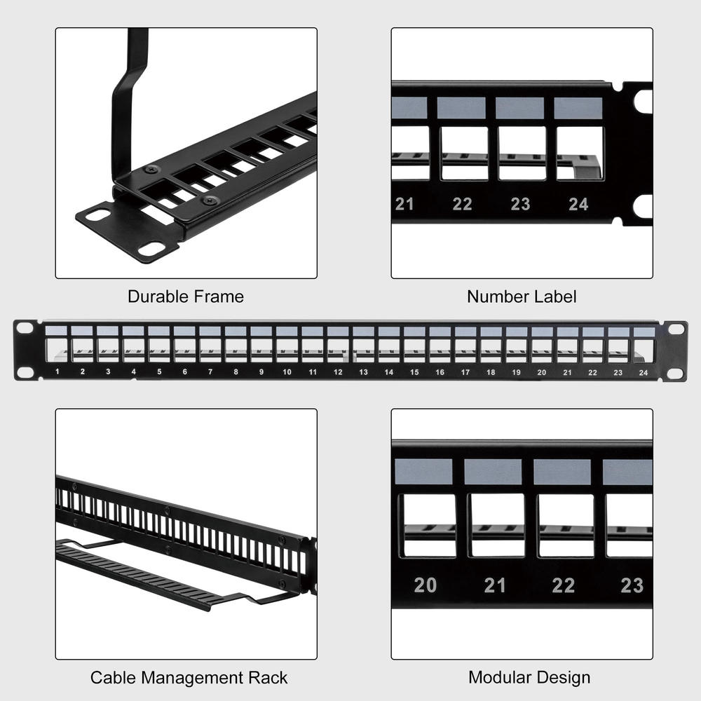 24-Port Blank Keystone Distribution Frame, 1U 19" Metal Rack Mount ...