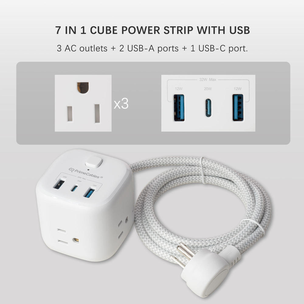 32W Power Cube with 3 AC Sockets + 2 USB + 1 Type C and 1.5m Cord ...