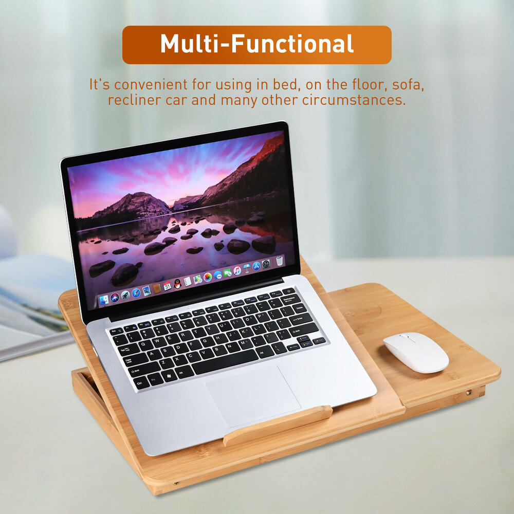 Bamboo Laptop Table for Bed with Cooling Fan & Foldable Legs