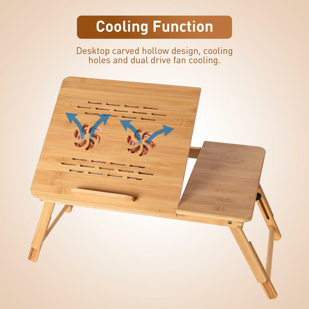 Bamboo Laptop Table for Bed with Cooling Fan & Foldable Legs