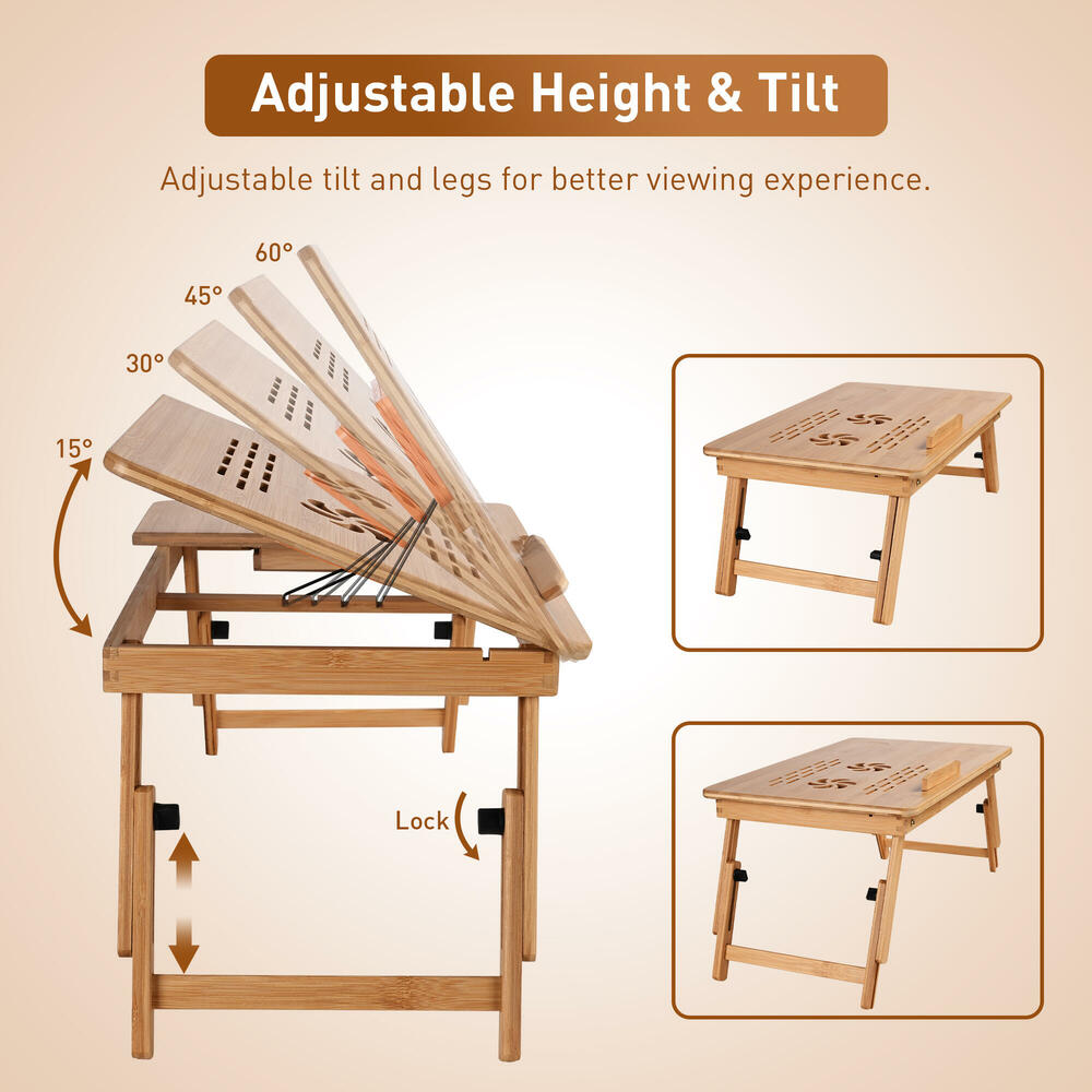 Bamboo Laptop Table for Bed with Cooling Fan & Foldable Legs