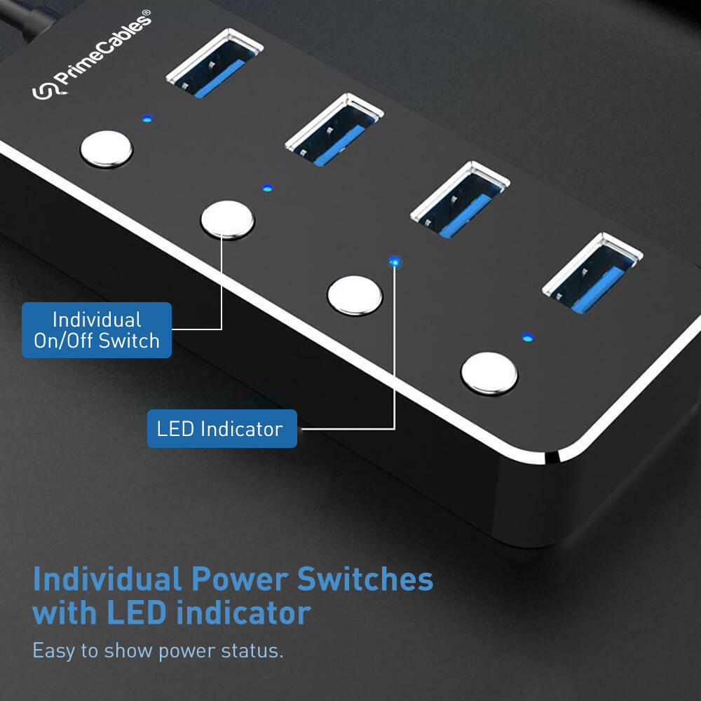 4-Port USB 3.0 Hub with Independent On/Off Controls and Long Cable