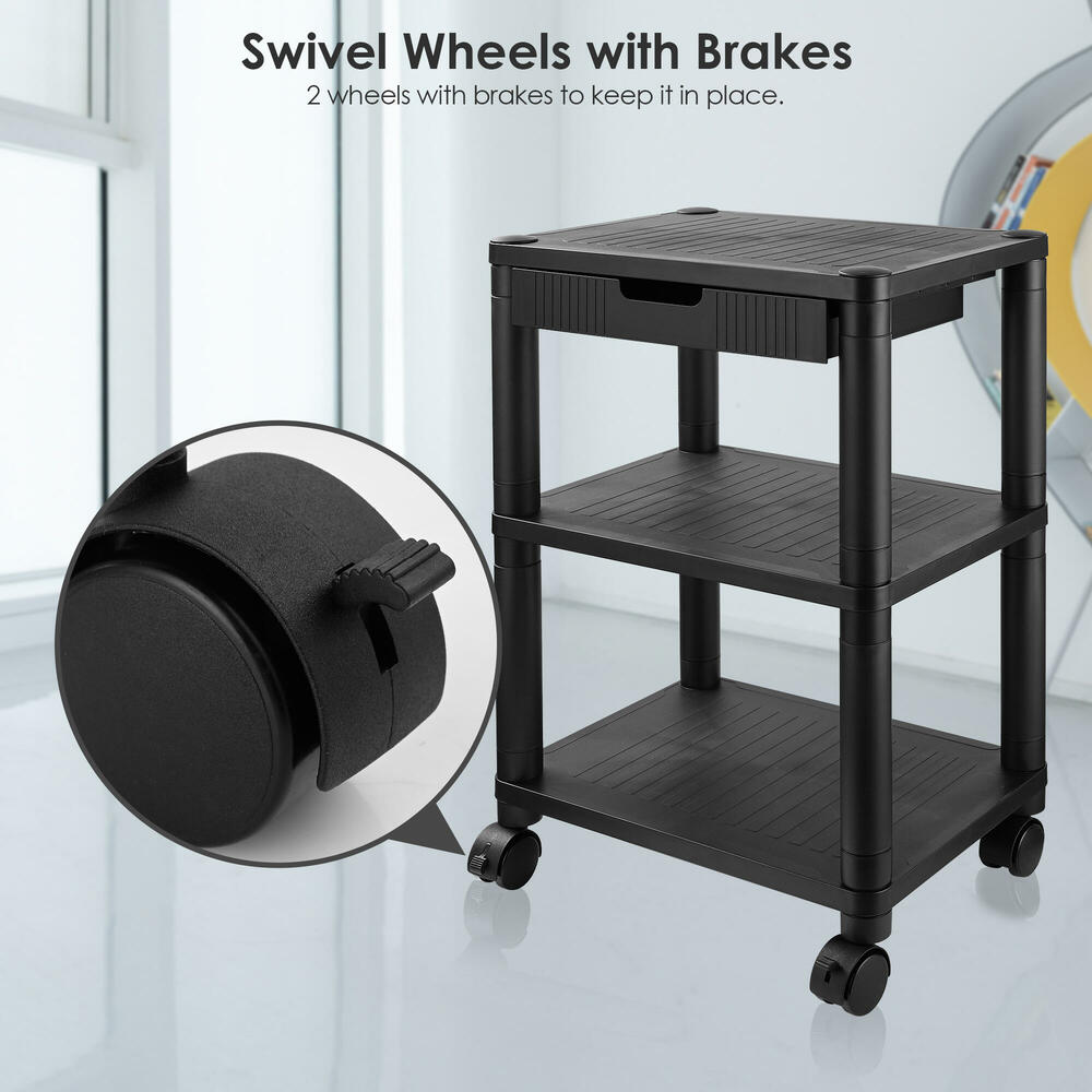 3-Tier Printer Stand with Drawer Mobile Printer Cart with 4 Swivel ...