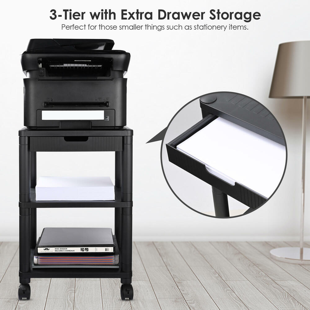3-Tier Printer Stand with Drawer Mobile Printer Cart with 4 Swivel ...