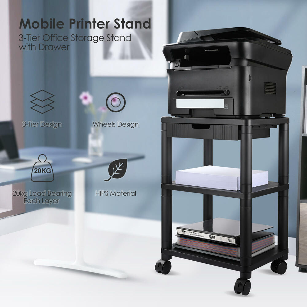 3-Tier Printer Stand with Drawer Mobile Printer Cart with 4 Swivel ...
