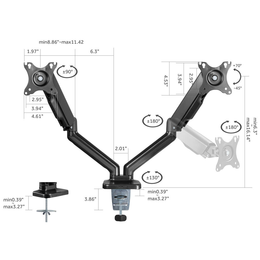 Gas Spring Dual Arm Monitor Stand with C Clamp and Grommet Mounting ...