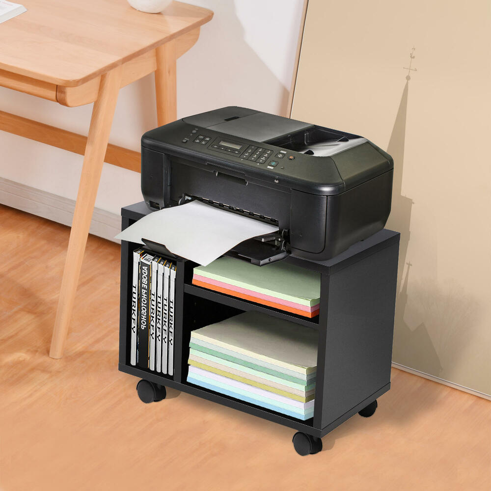 Two-Layer Mobile Wood Printer Stand Cabinet with 3 Storage Compartments ...