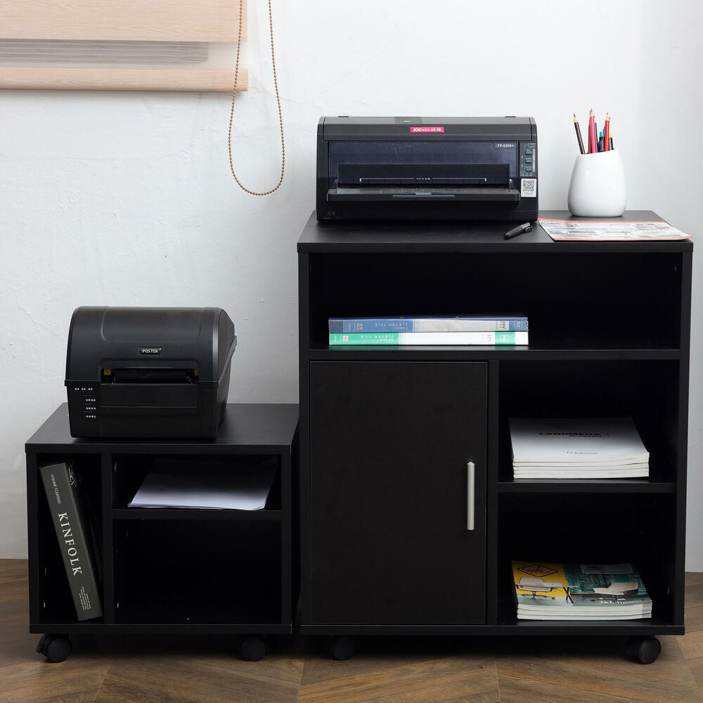 Two-Layer Mobile Wood Printer Stand Cabinet with 3 Storage Compartments ...