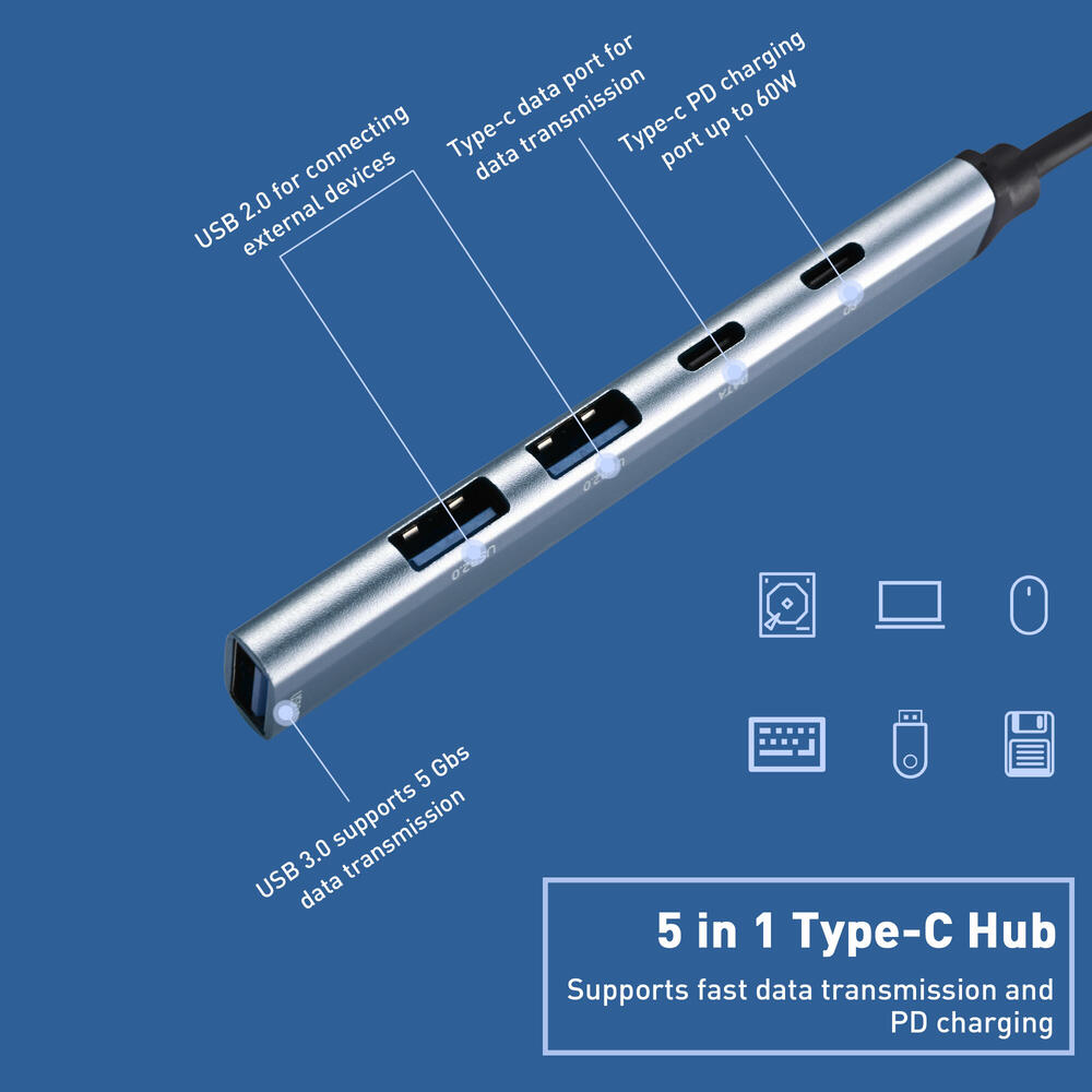 5 In1 Type-C Hub, 60W PD Charging and Fast Data Transmission - PrimeCables®