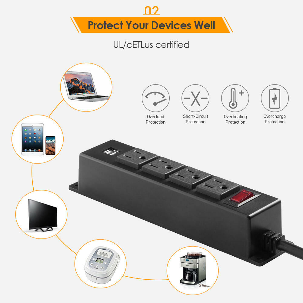 4-Outlet Under Desk Power Strip - 6.6ft - PrimeCables