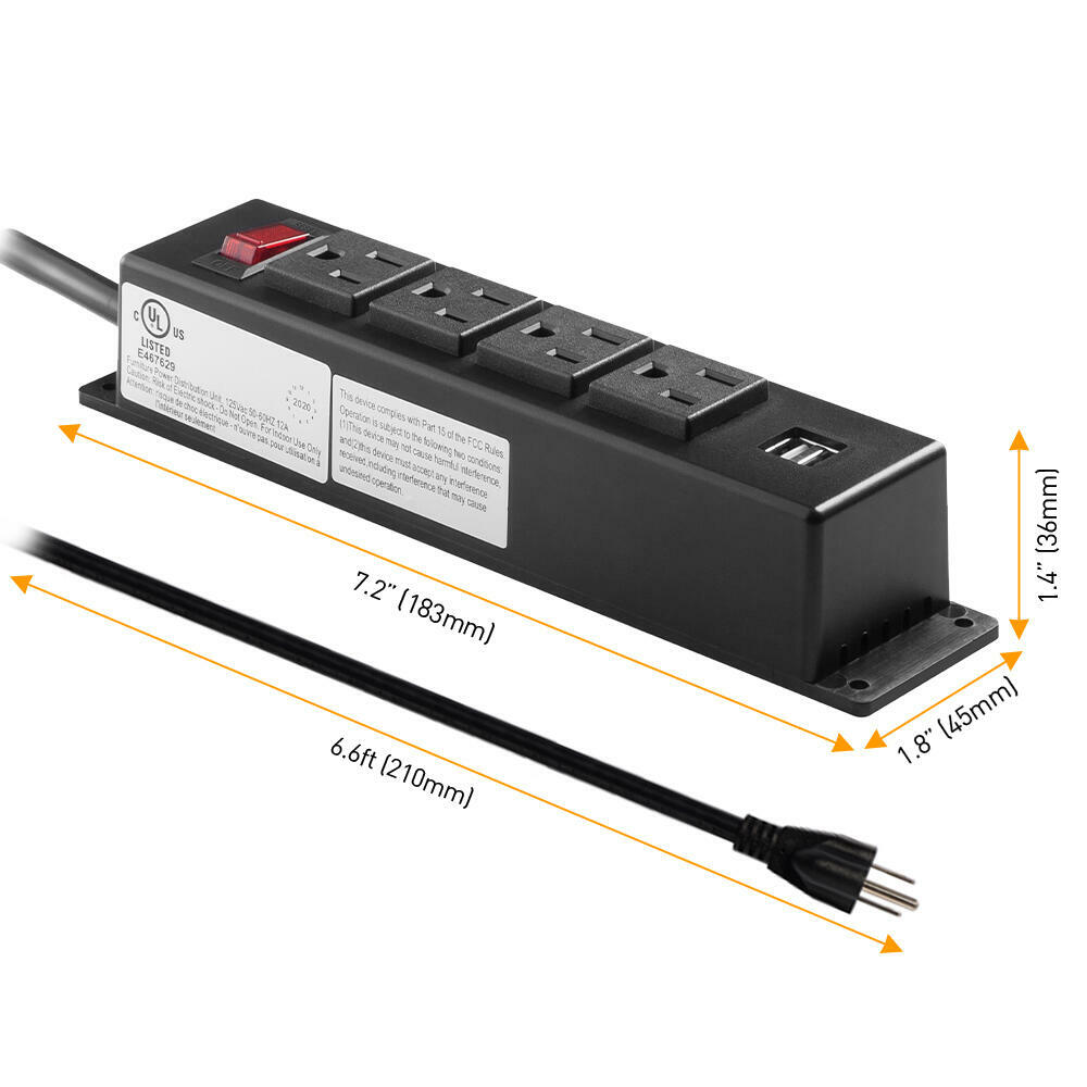 4-Outlet Under Desk Power Strip - 6.6ft - PrimeCables