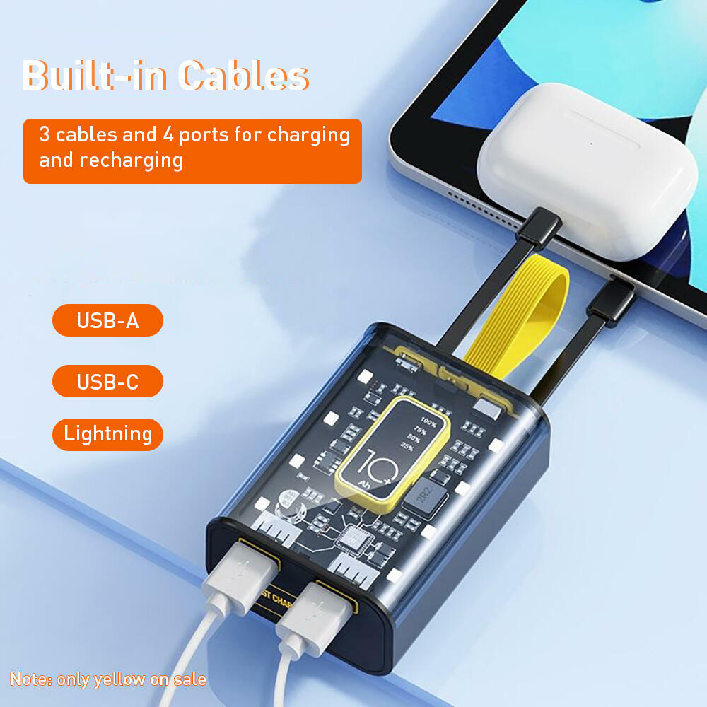 10000mAh Dual USB-A Ports Transparent Power Bank with Built-in 3 Cables ...