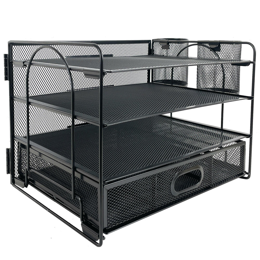 4-Tier Office Supplies Desk File Organizer with Drawer and 2 Pen ...
