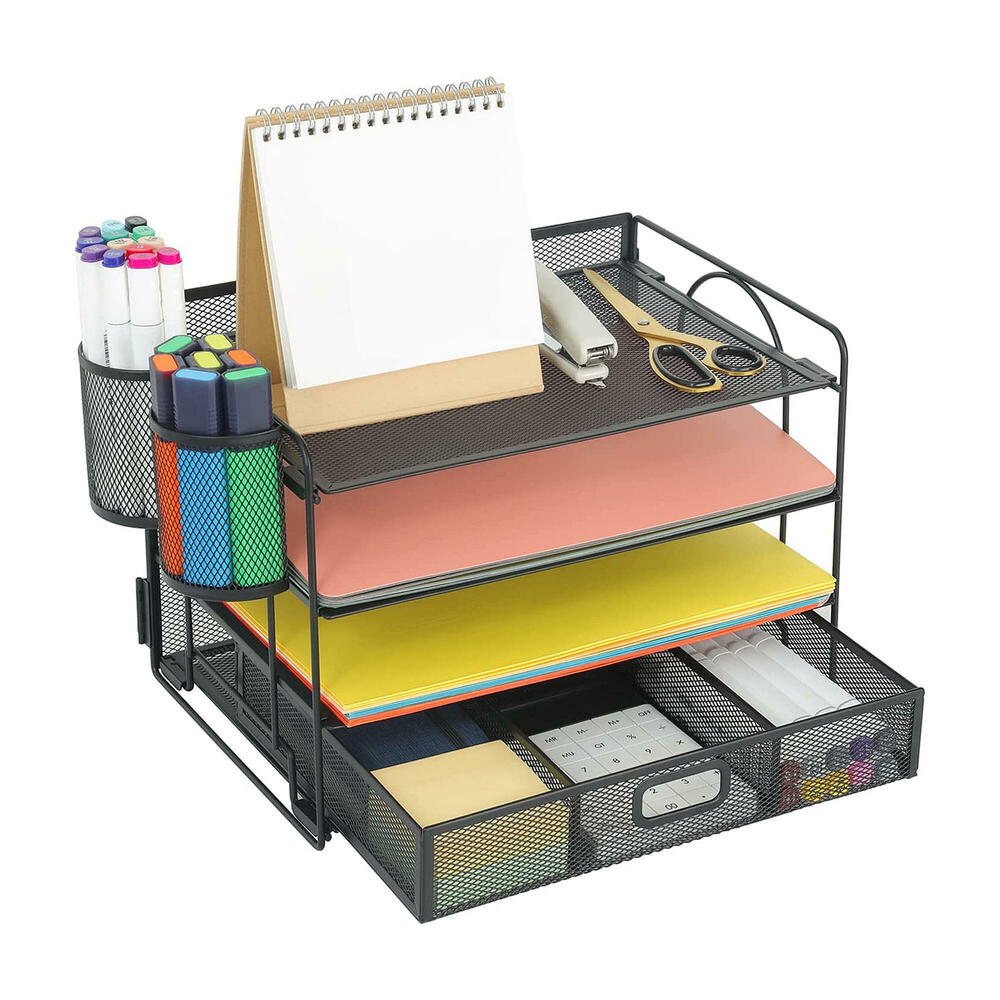 4-Tier Office Supplies Desk File Organizer with Drawer and 2 Pen ...