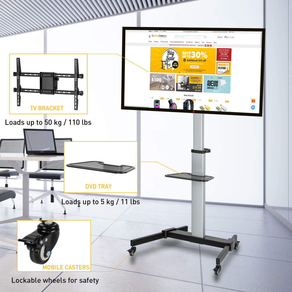 Mobile Height Adjustment Aluminum TV Cart for Max 86" TV Screen ...