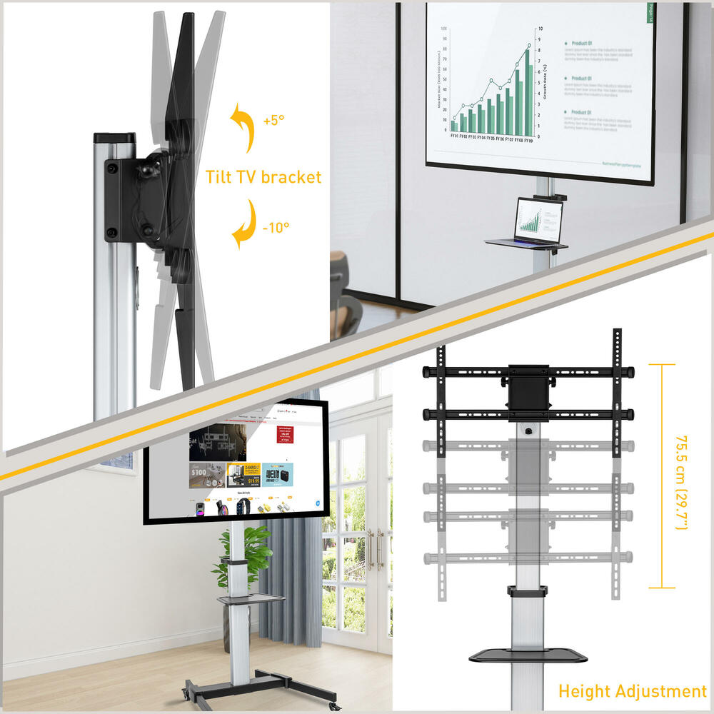 Mobile Height Adjustment Aluminum TV Cart for Max 86" TV Screen ...