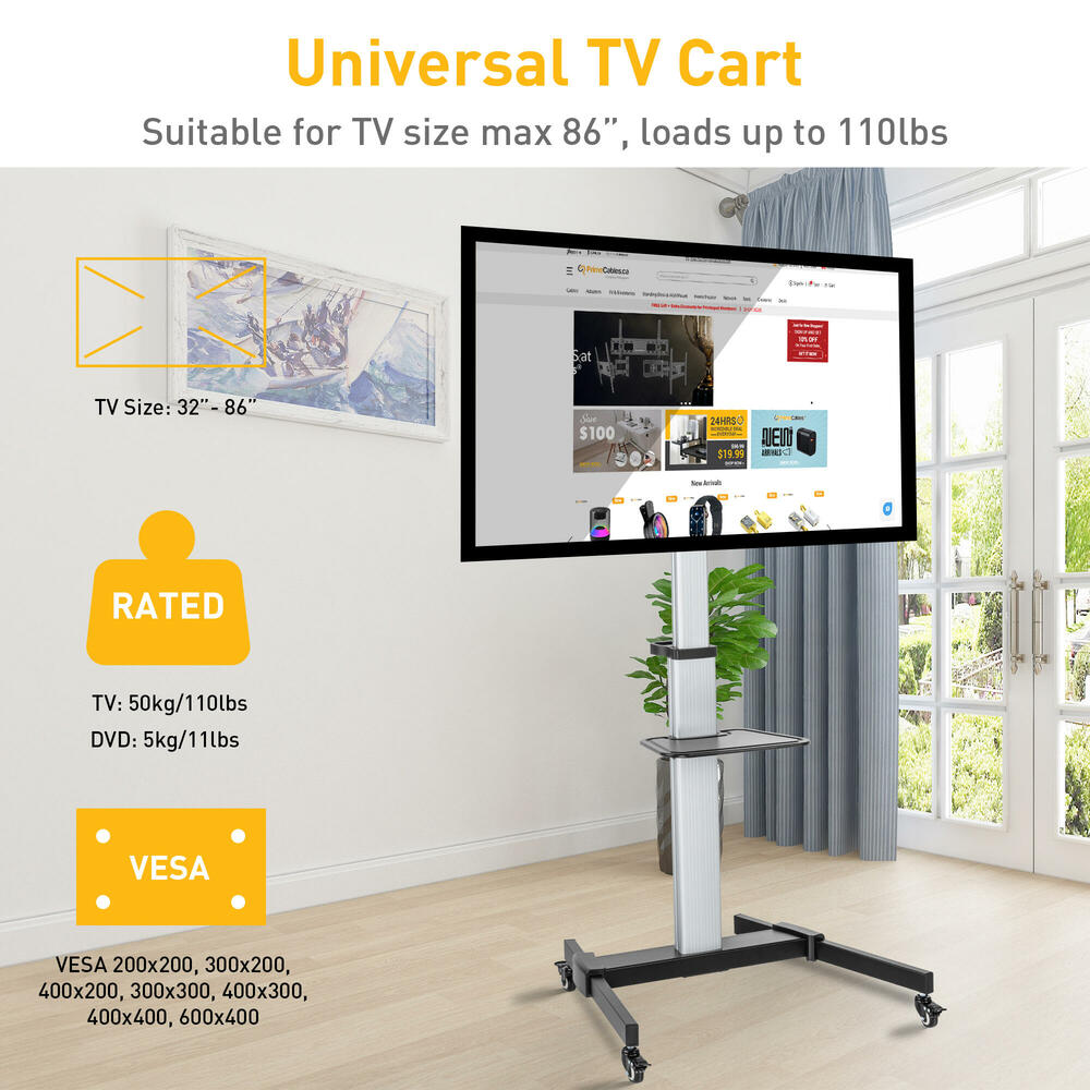 Mobile Height Adjustment Aluminum TV Cart for Max 86" TV Screen ...