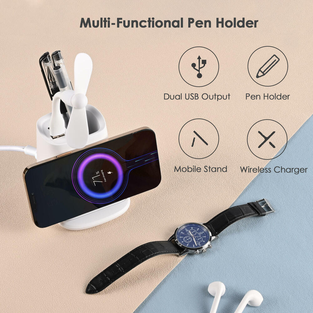 4 In 1 10W Wireless Charger Pen Holder with Funny Mini USB Lamp & USB ...